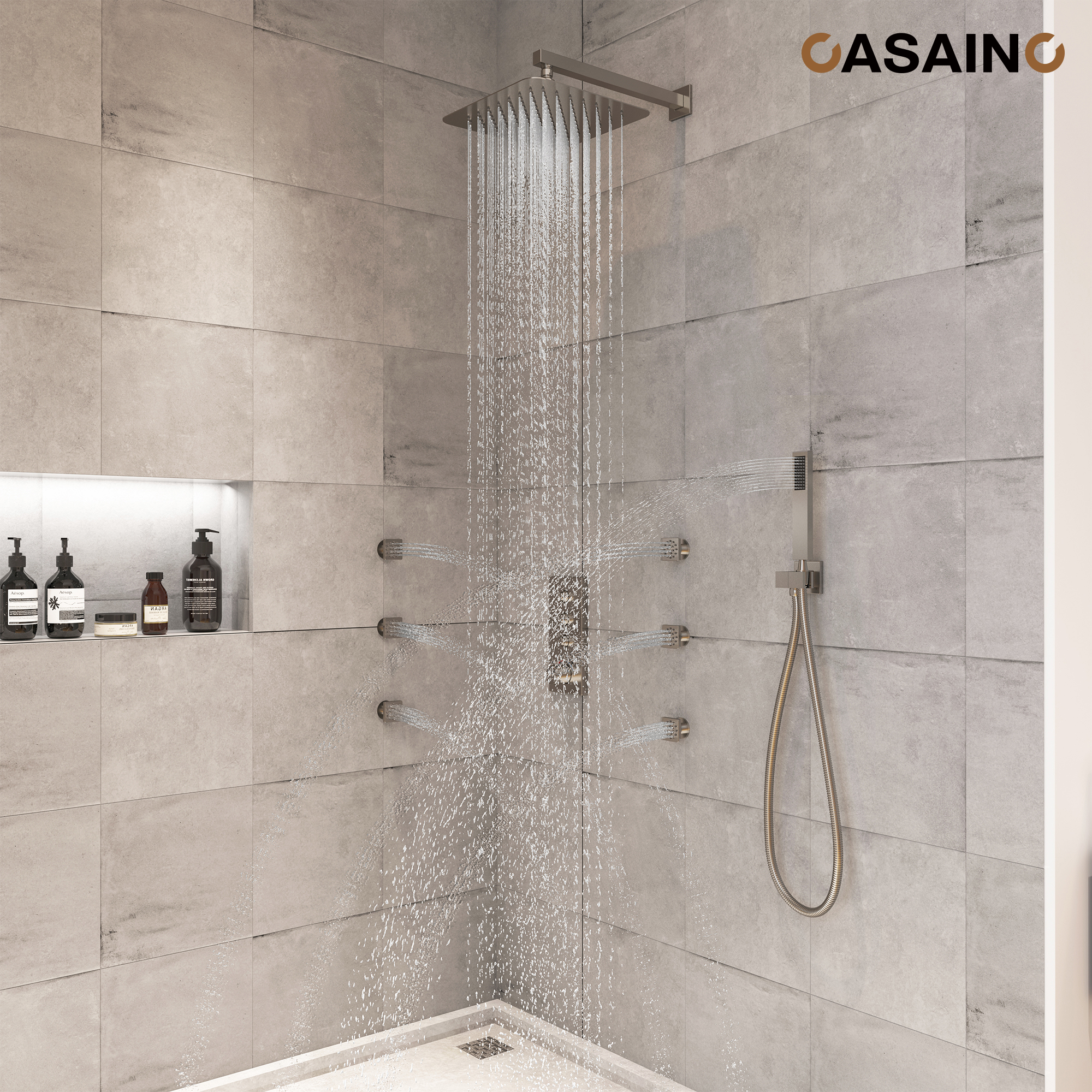 12 Thermostatic Luxury Rainfall Shower System With 6 Body Jets