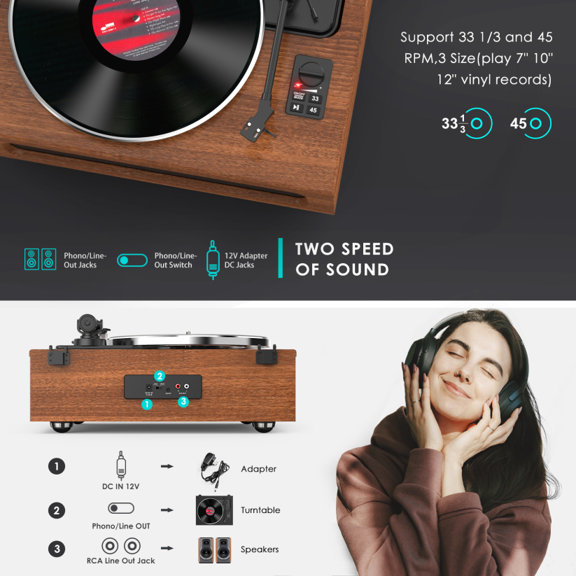 Bluetooth All-in-One Record Player with Built-in Speakers HQ-KZ018 ...