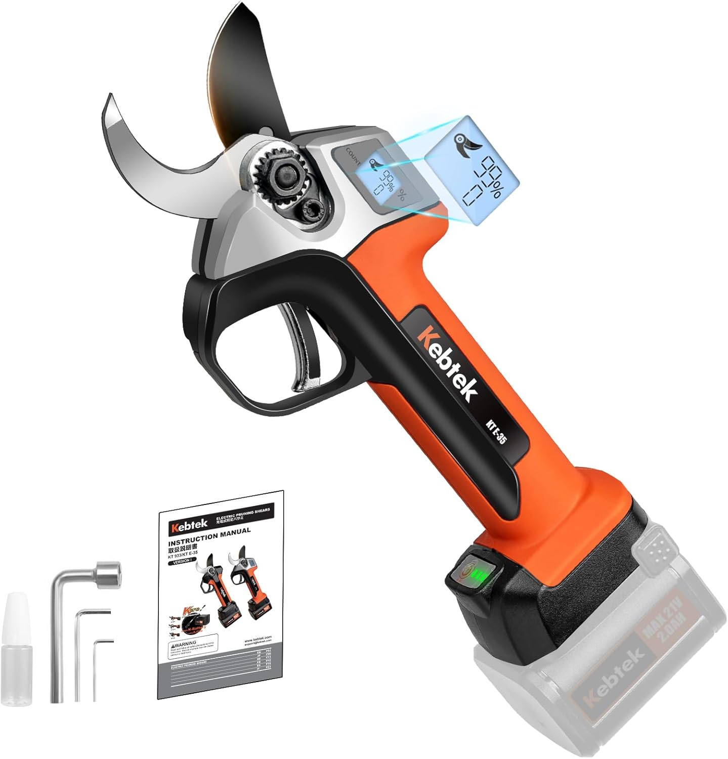 Professional Cordless Electric Pruning Shears 35MM Brushless Battery Powered Tree Pruner with 2 Pack Rechargeable 2Ah Batteries LCD Display Kebtek Store