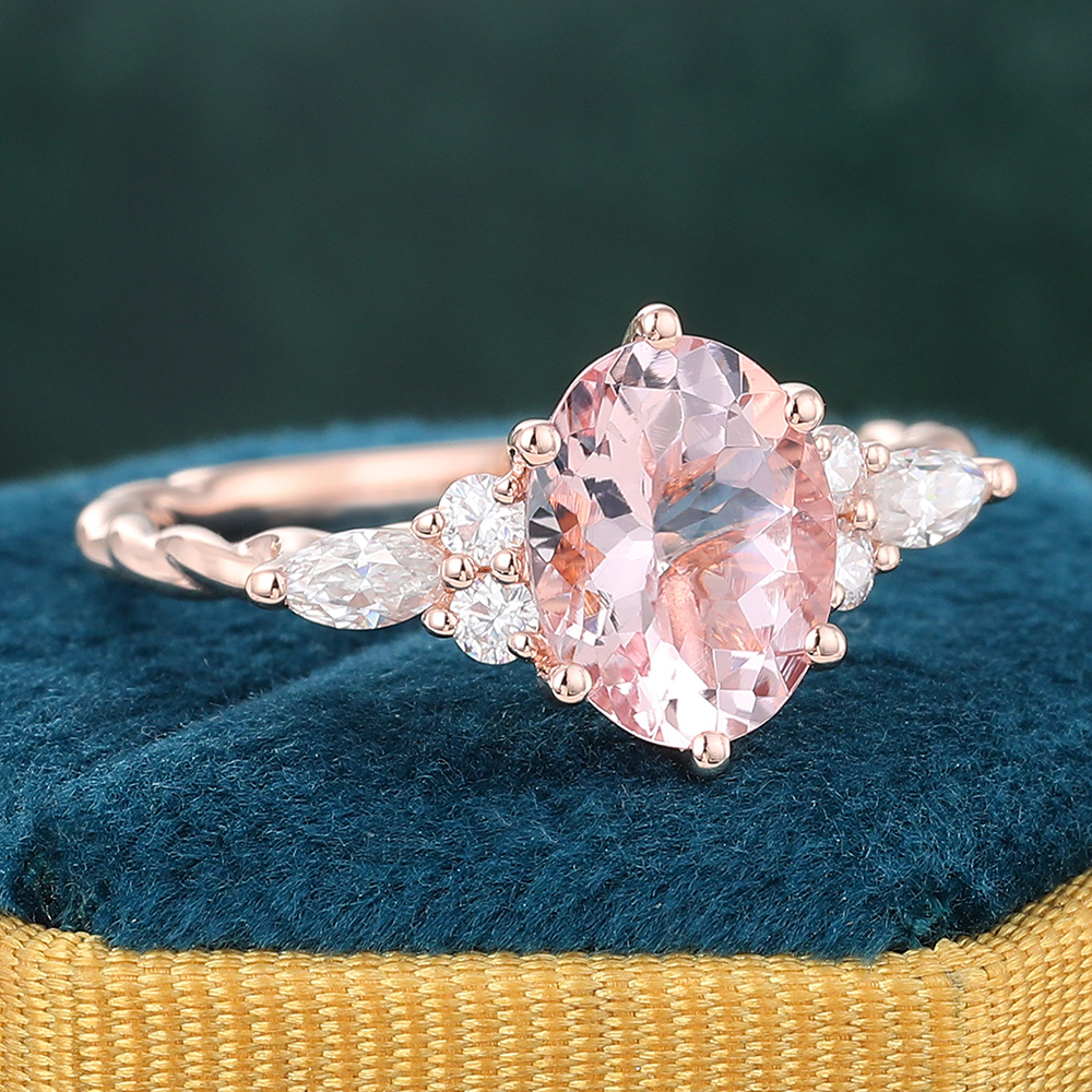 Juyoyo Twisted Oval Cut Morganite Side Stone Engagement Ring with Diamond Accents