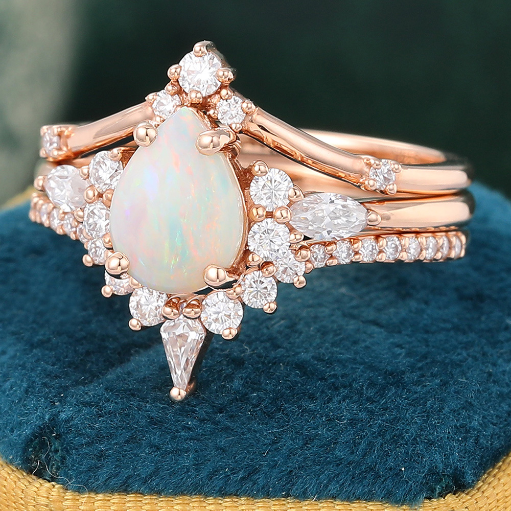 Exquisite Opal and Diamond Wedding Ring Set for Women 3pcs