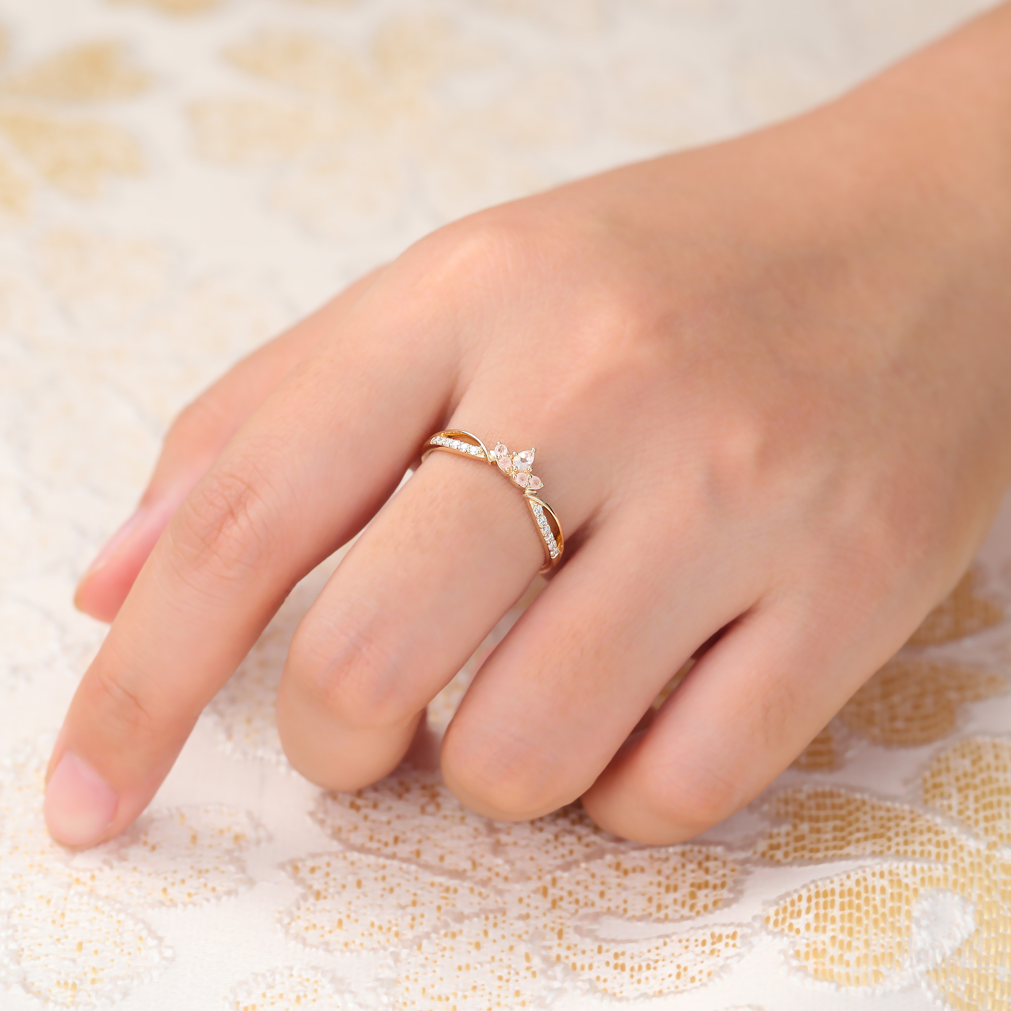 Dainty Pear Shaped Rose Quartz Ring Diamond Curved Wedding Band in 14K Yellow Gold