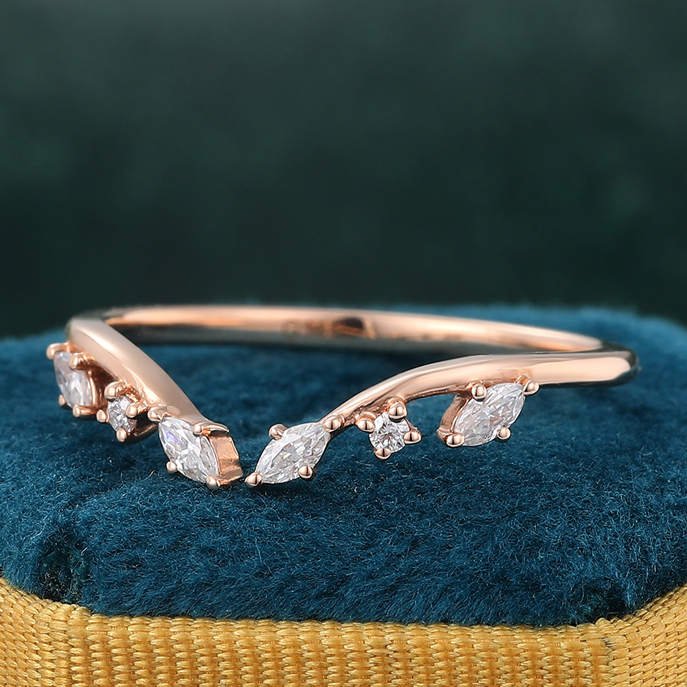 Moissanite Curved Open Wedding Band Rose Gold Nature Inspired Stackable Ring Juyoyo