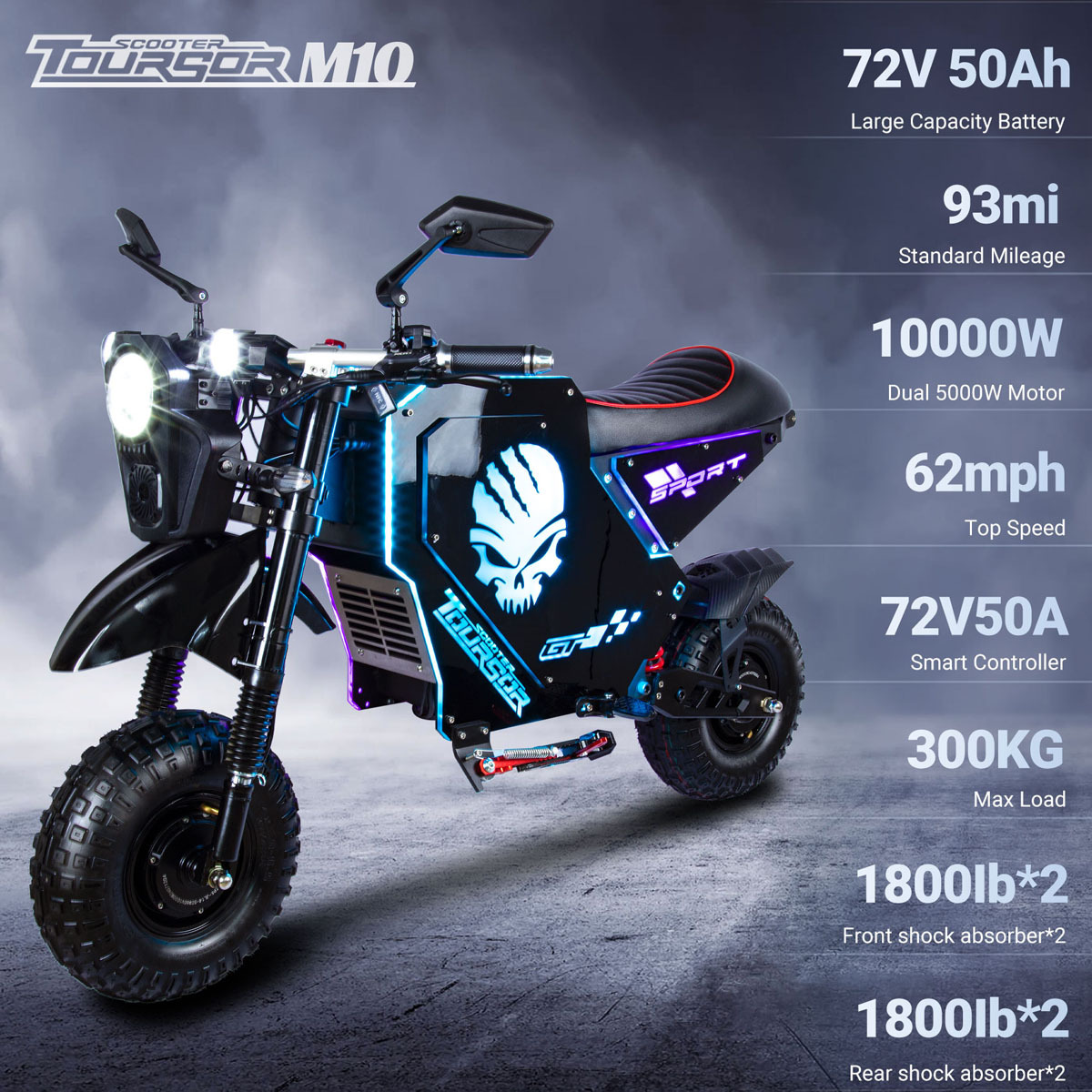 Toursor M10 72V 10000W Electric Motorcycle 62MPH speed