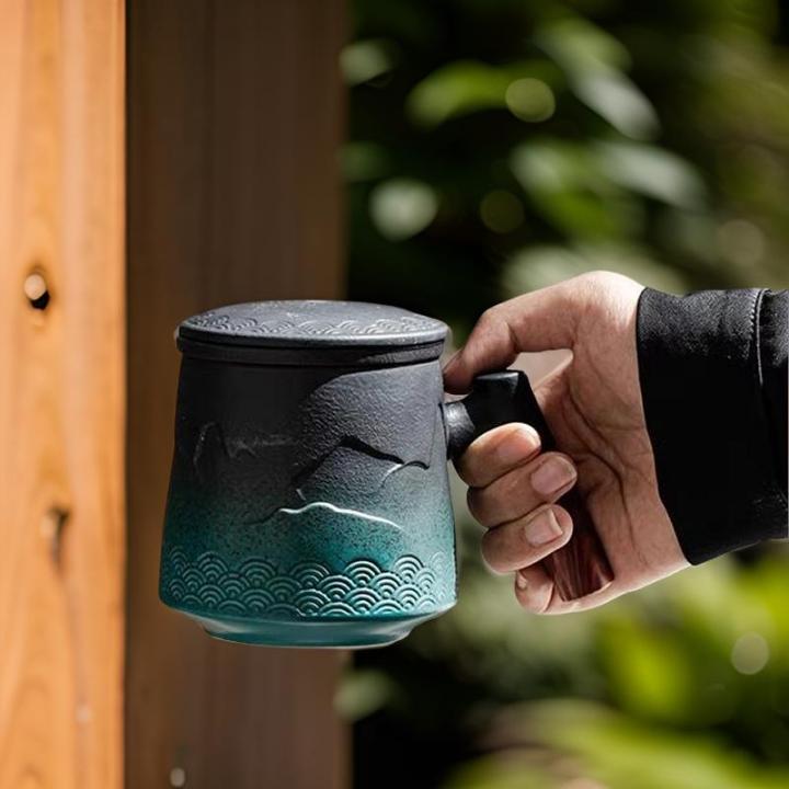 “Mountain” - Embossed Ceramic Tea Mug With Wooden Handle and Removable ...