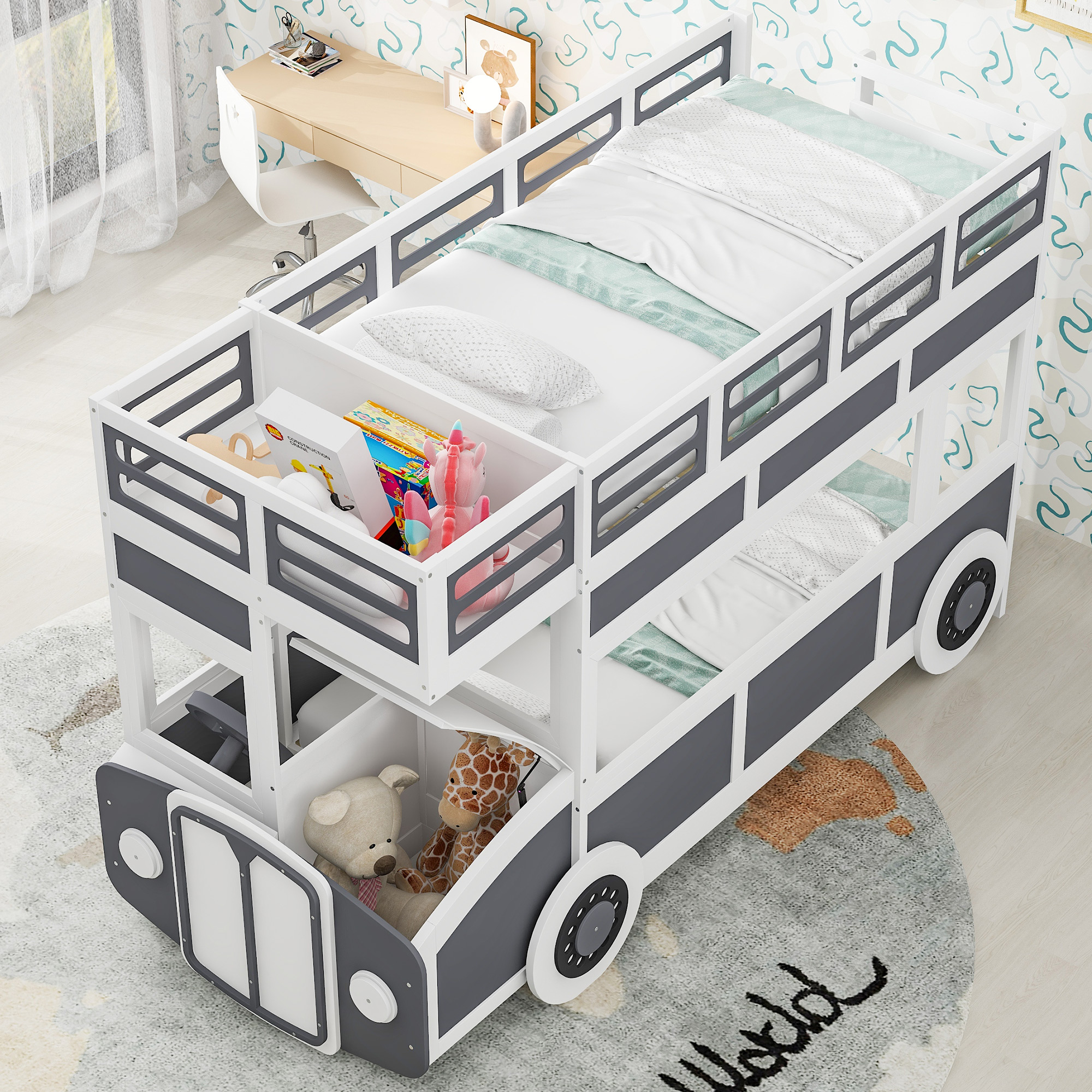 Twin over Twin Bus-shaped Bunk Bed with Wheels and Storage, Gray+White