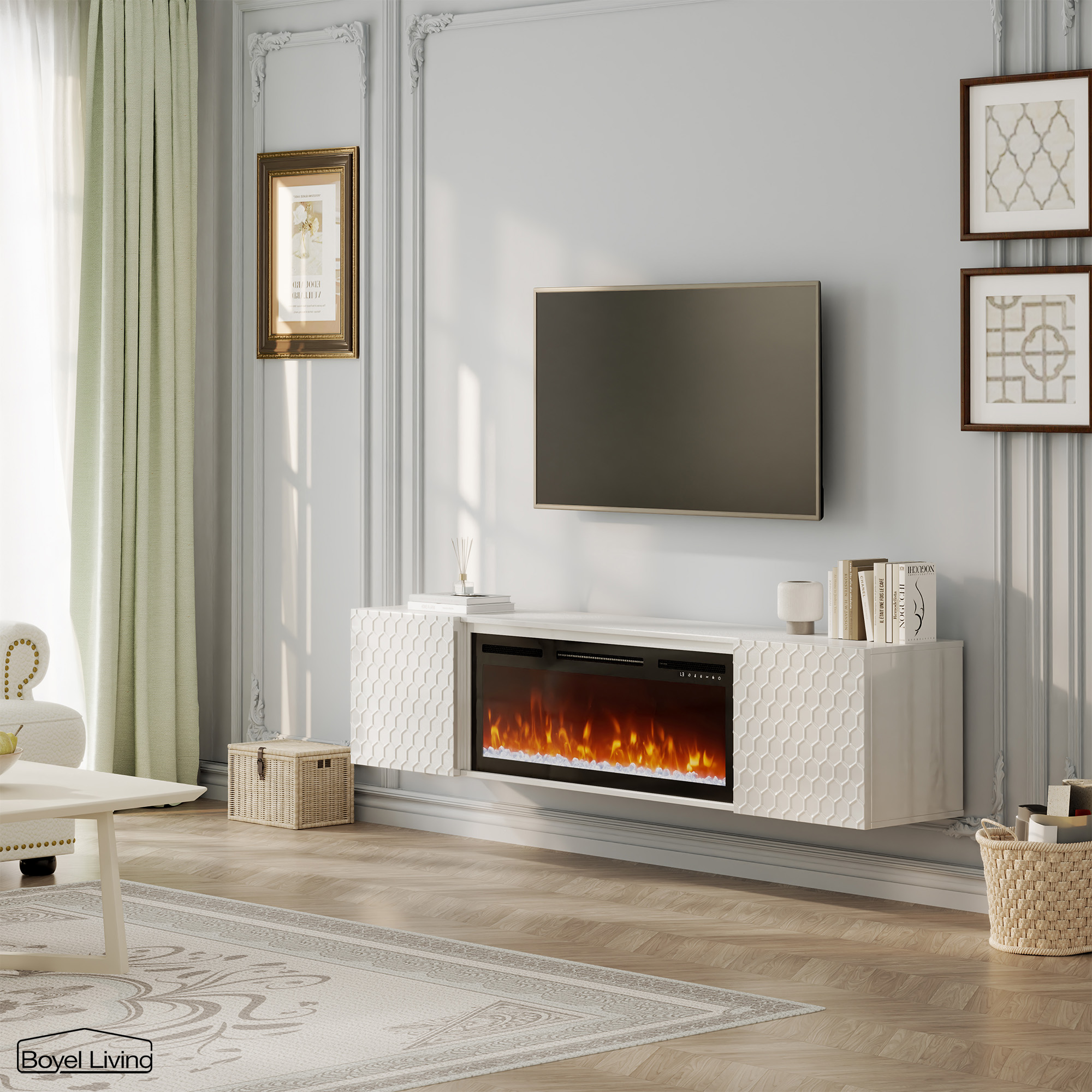 Floating tv stand with electric fireplace store