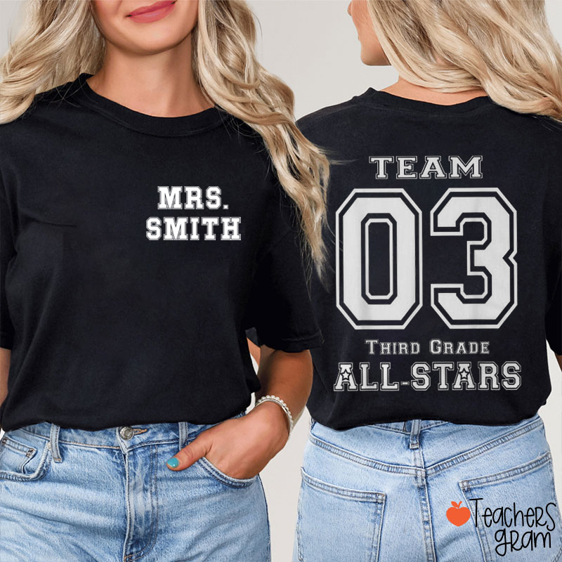 Personalized Name And Grade All Stars Teacher Two Sided T-Shirt