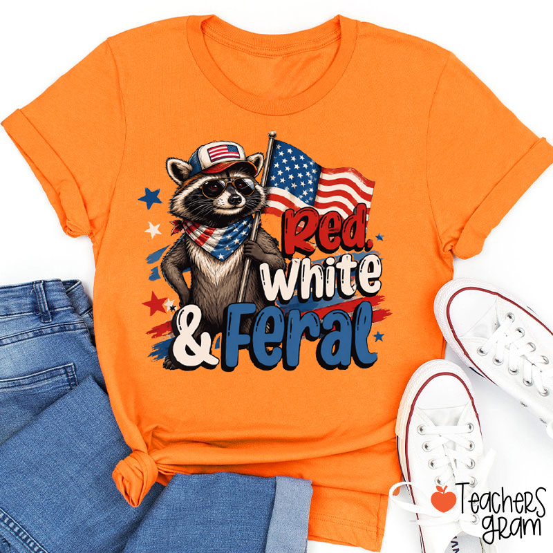 Red White And Feral Raccoon Teacher T-Shirt