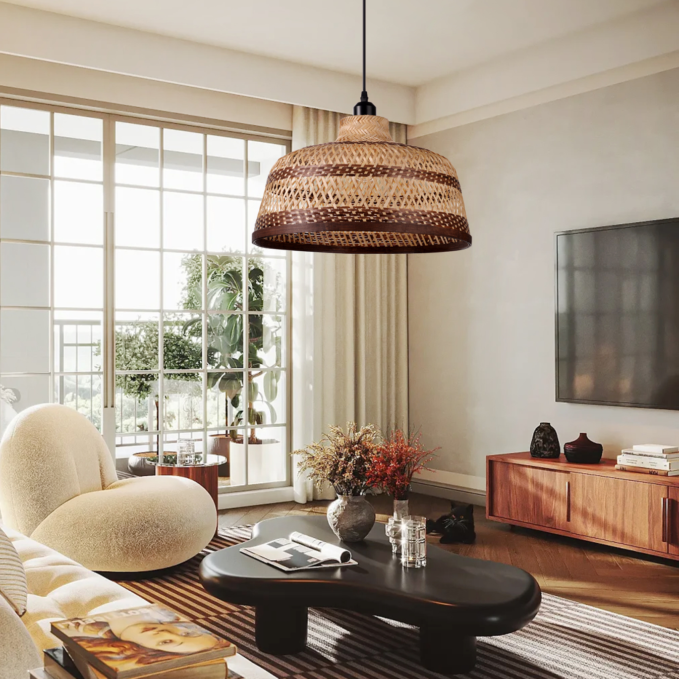Basket shaped brown striped bamboo pendant light-labpiecesign ...