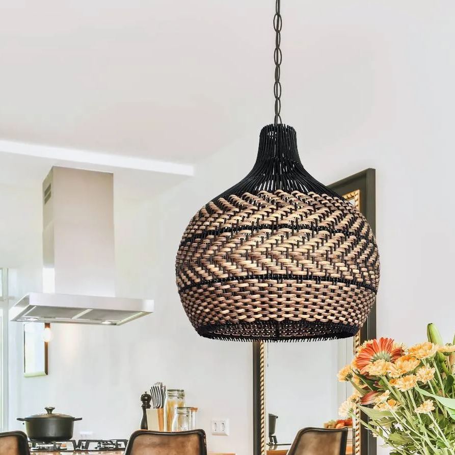 Minimalism Black and Neutral Tone Rattan Ceiling Light Fixture Woven ...