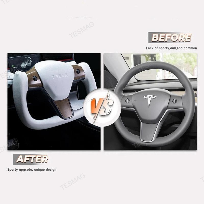 Tesla Model Y White Yoke Steering Wheel In Wood Grain With Nappa – TESMAG