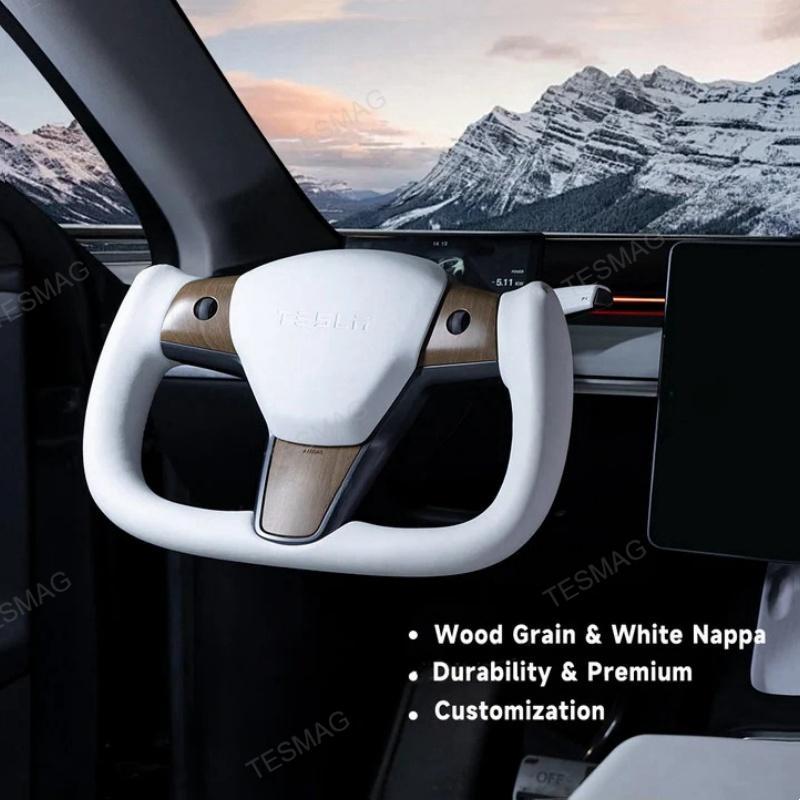 Tesla Model Y White Yoke Steering Wheel In Wood Grain With Nappa – TESMAG