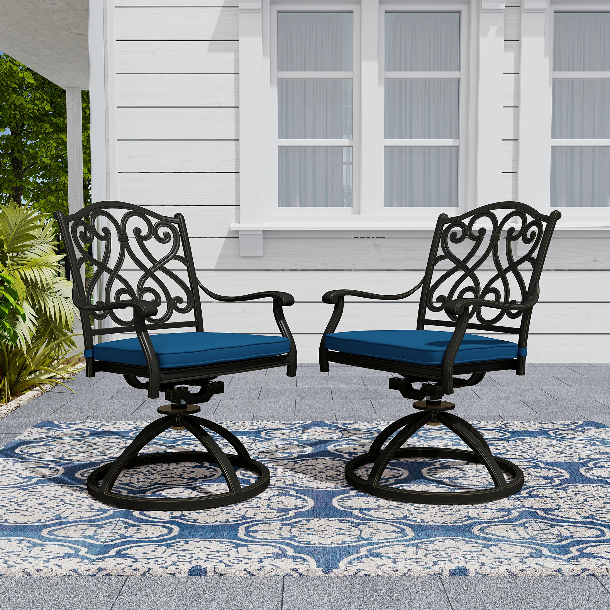 2 Piece Cast Aluminum Patio Dining Swivel Chair Set with Thick Olefin Cushions and 360 Rockers