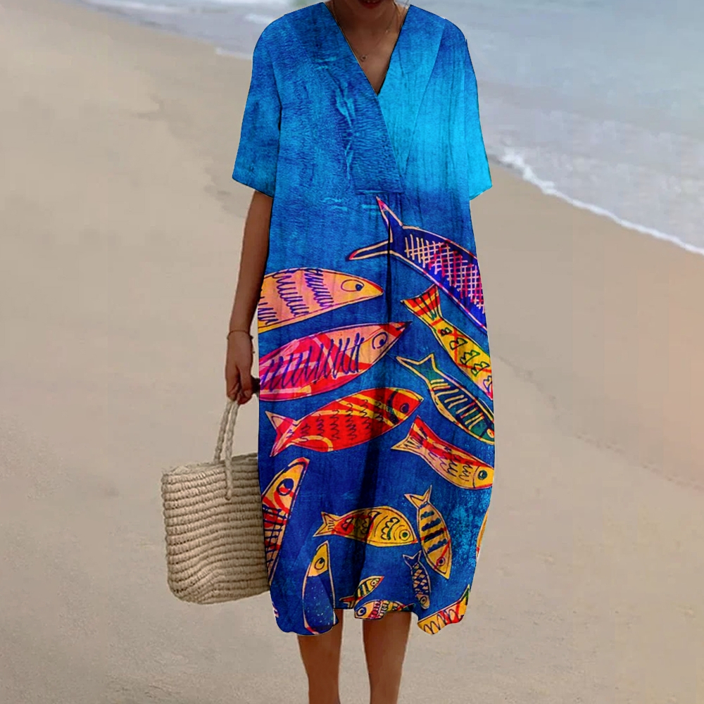 Women's Art Fish Print Cotton And Linen Dress