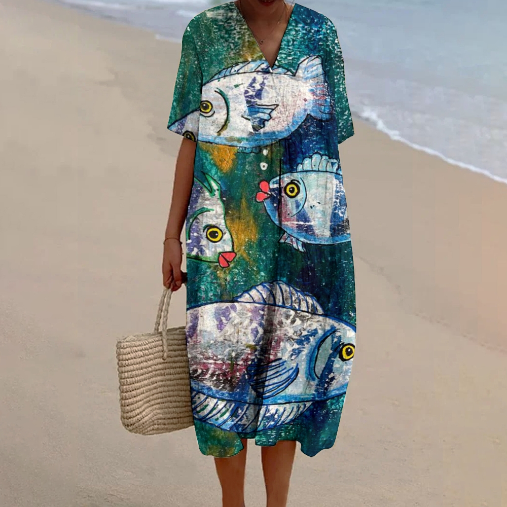 Women's Art Fish Print Linen Dress