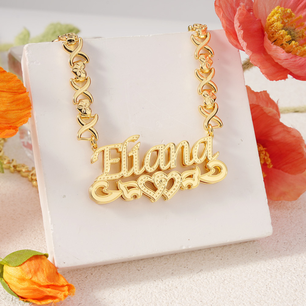 Heart XOXO Chain Double Layer Two Hearts Personalized Custom Name ...