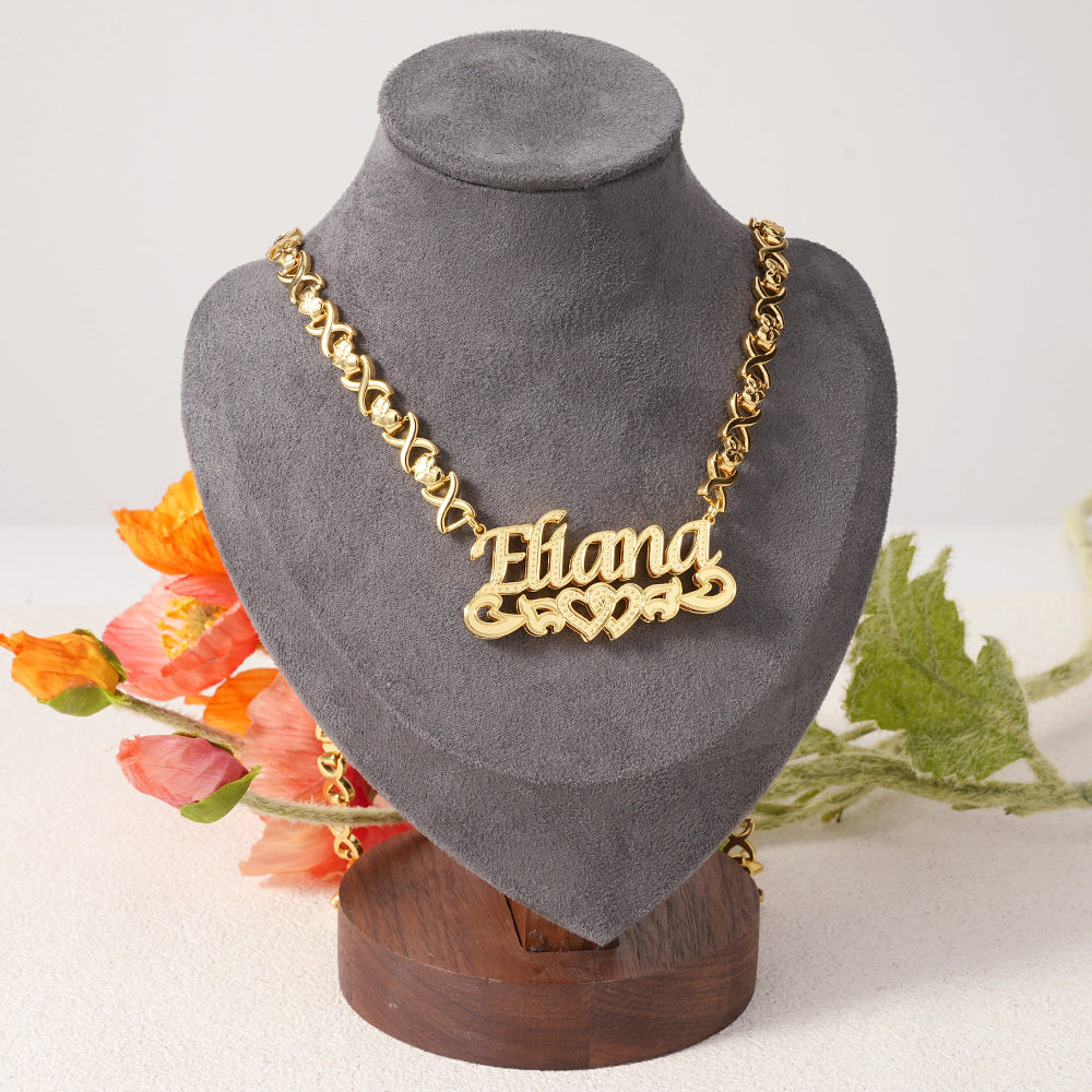 Heart XOXO Chain Double Layer Two Hearts Personalized Custom Name ...