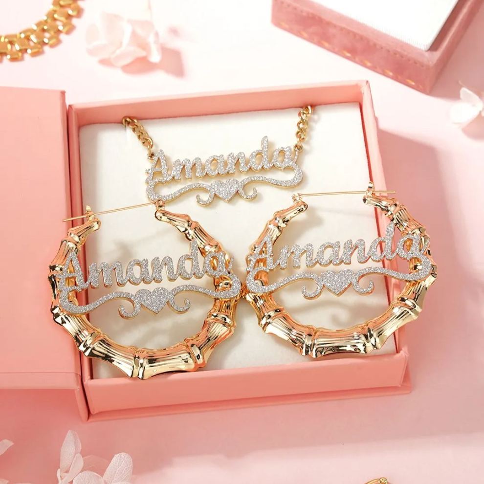 Customized Sparkling Nameplate Heart Necklace and Bamboo Earring Set ...