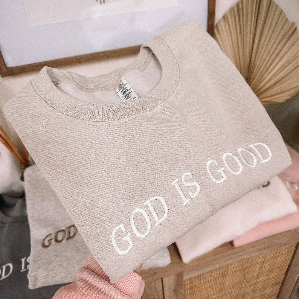 Embroidered GOD IS GOOD Christian Fleece Sweatshirt Sale - GuidingCross
