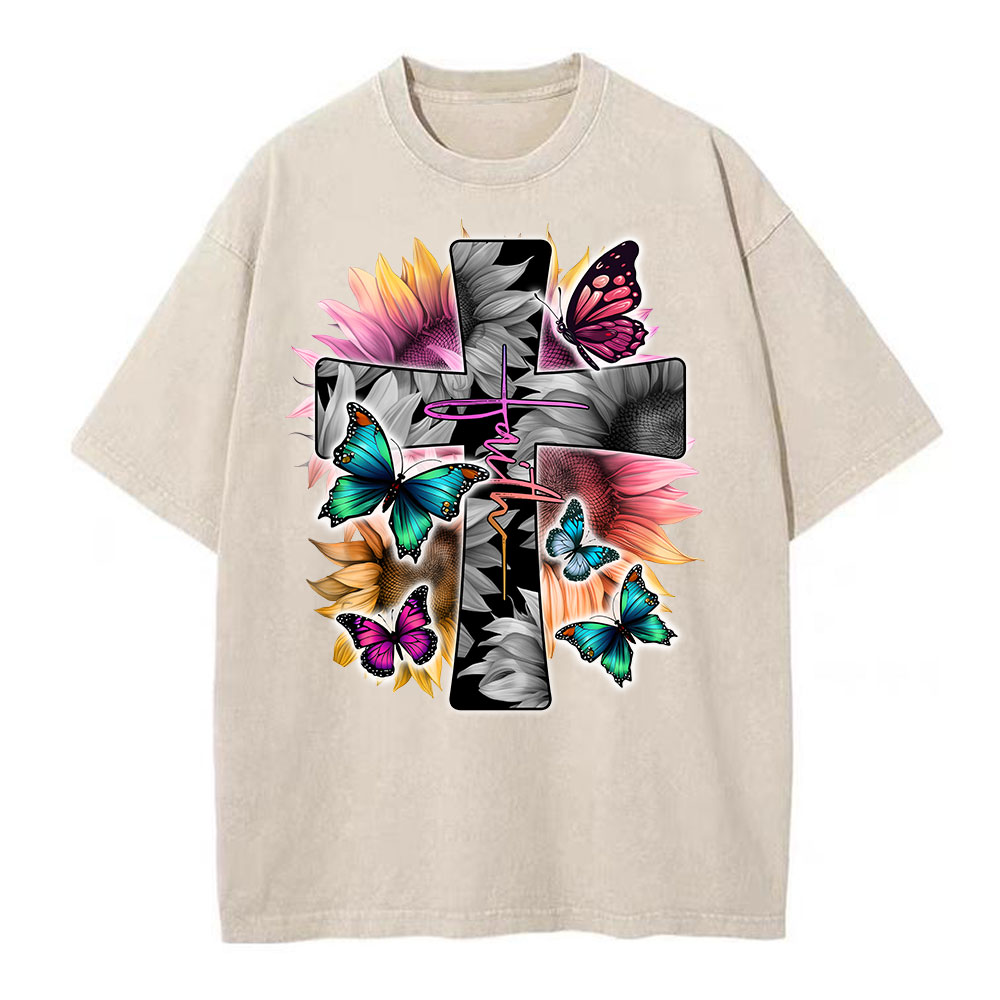 Faith Butterfly Cross Christian Washed T Shirt Sale Guidingcross