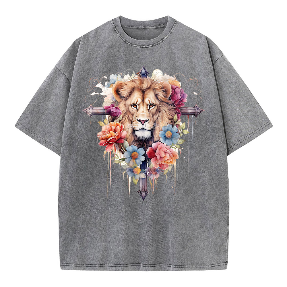 Floral Cross Lion Christian Wahsed T Shirt Sale Guidingcross