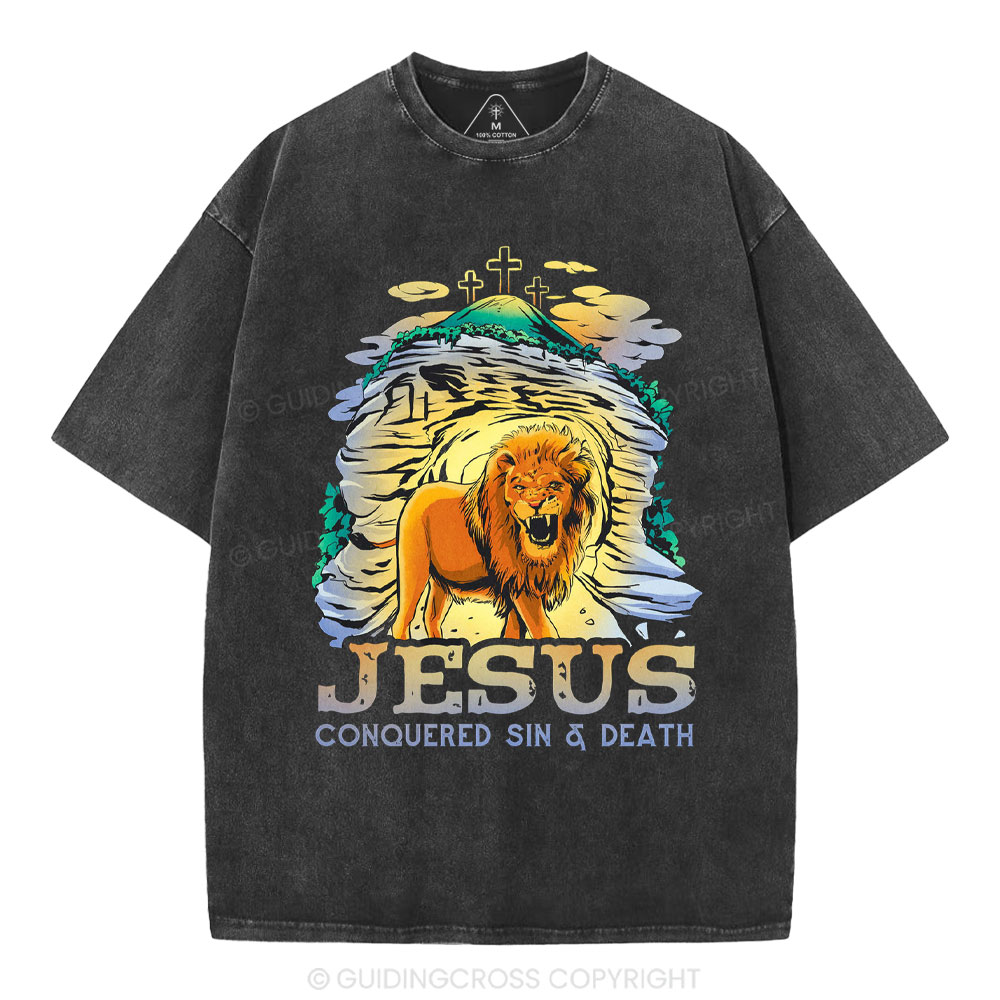 Jesus Conquered Sins And Death Christian Washed T-Shirt Sale - GuidingCross