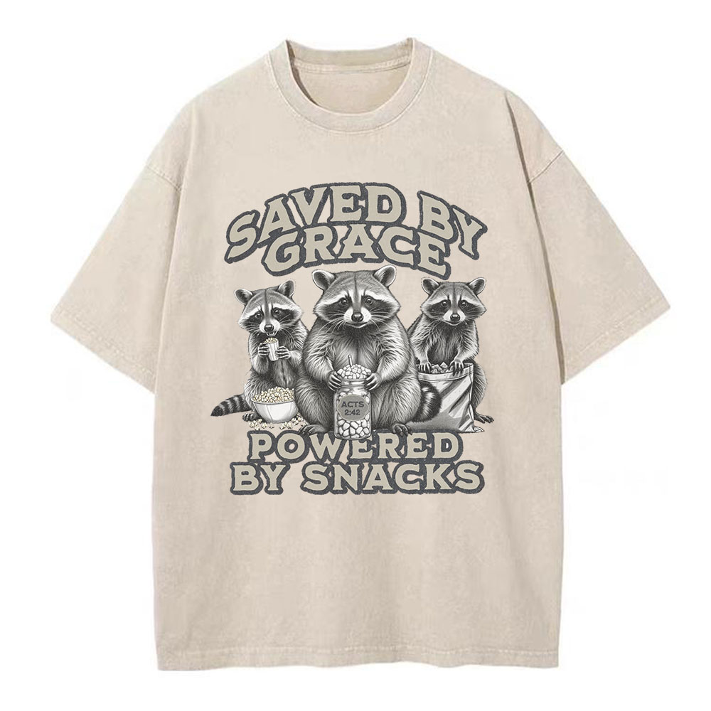 Saved By Grace Powered By Snacks Christian Washed T Shirt Sale