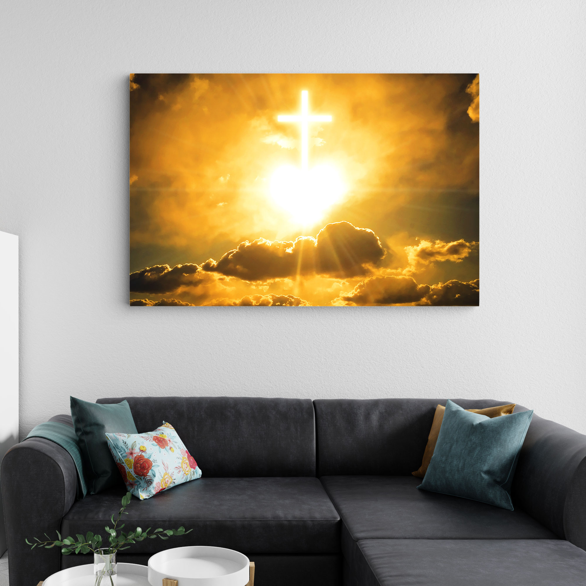 White Shining Christian Cross And Heart Christian Canvas Wall Art Sale ...