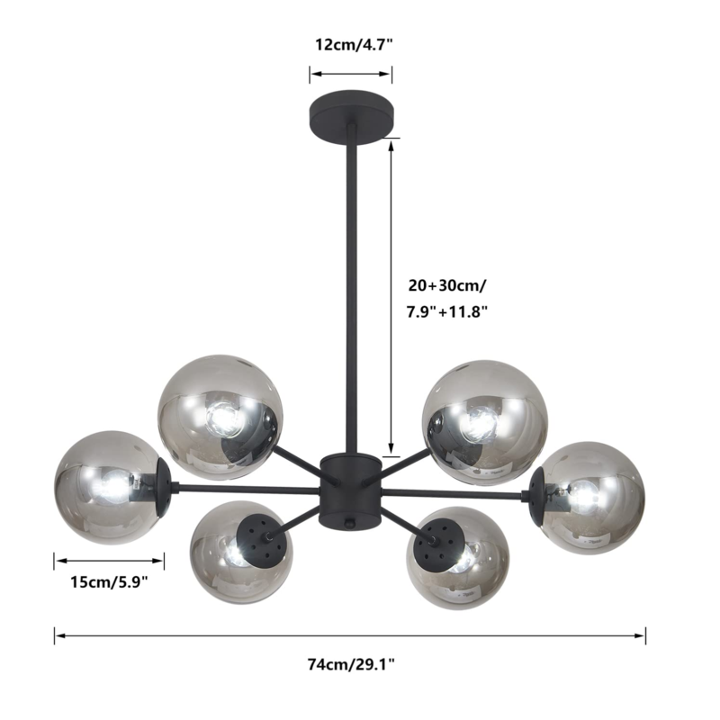 KCO 6-Light Smoke Gray Glass Globe Flush Mount Ceiling Light