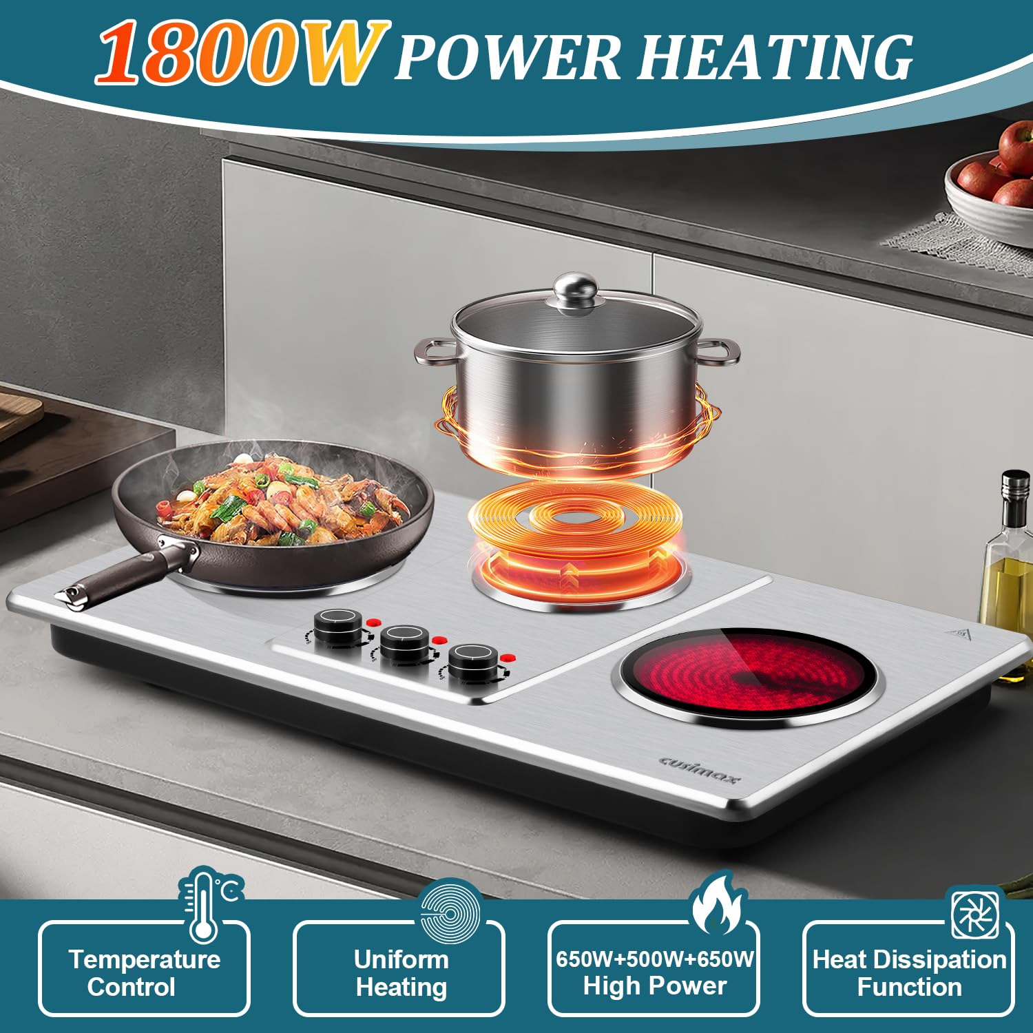 Cusimax Hot Plate Electric,Countertop Infrared Triple Burner with 7″Ce