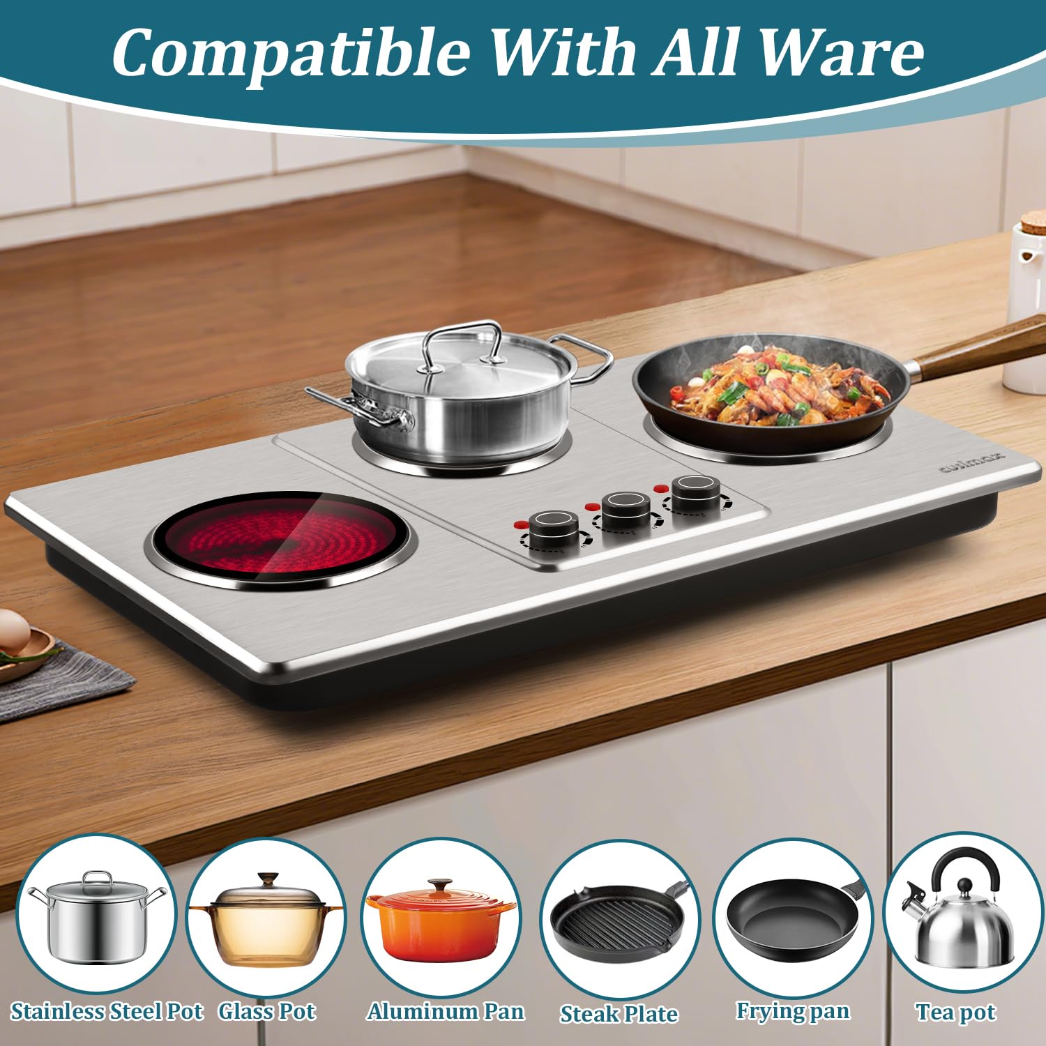 Cusimax Hot Plate Electric,Countertop Infrared Triple Burner with 7″Ce