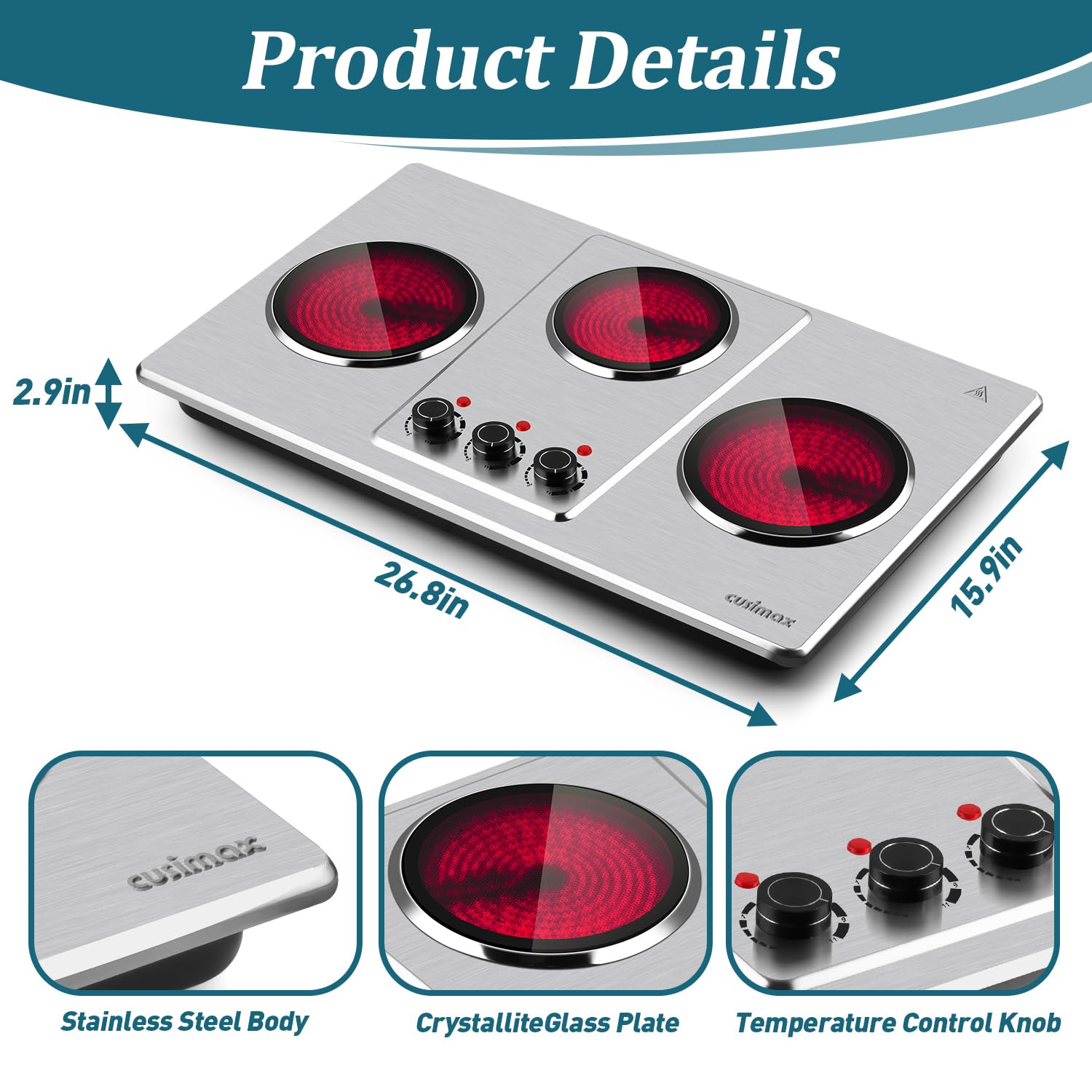 Cusimax Hot Plate Electric,Countertop Infrared Triple Burner with 7″Ce