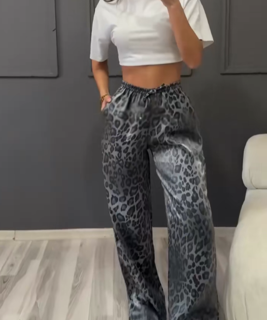 Women's Straight Leopard Print Satin Casual Pants