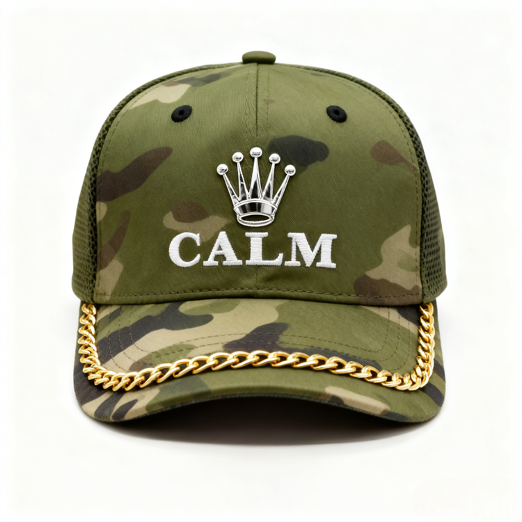 🧢 Distressed “CALM” Denim Patch Cap – Street Style with a Golden Edge