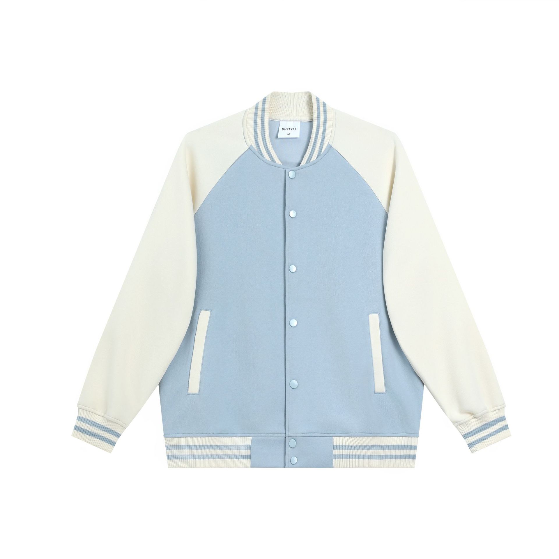Adult Blue and Beige Varsity Jacket Button Baseball Jacket Plain Lette