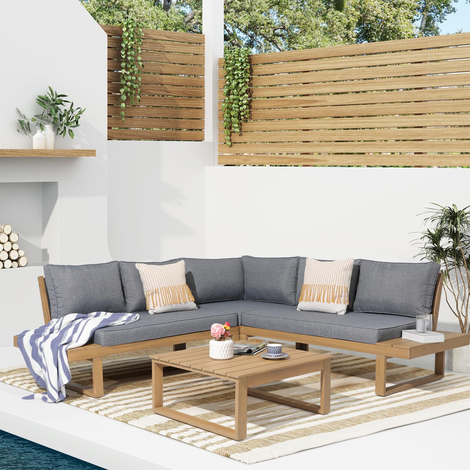 4pcs Wood Outdoor Corner Sofa L-Shaped Garden Furniture Patio Outdoor