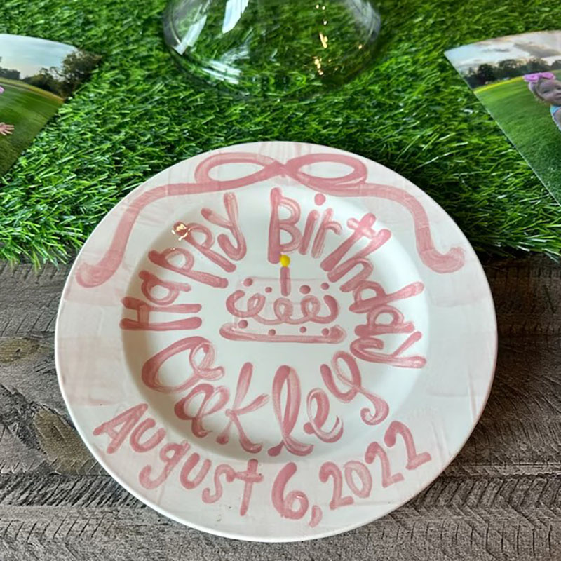Girls Preppy Birthday Plate Pink Gingham and Ribbon Plate Baby Girl Gi