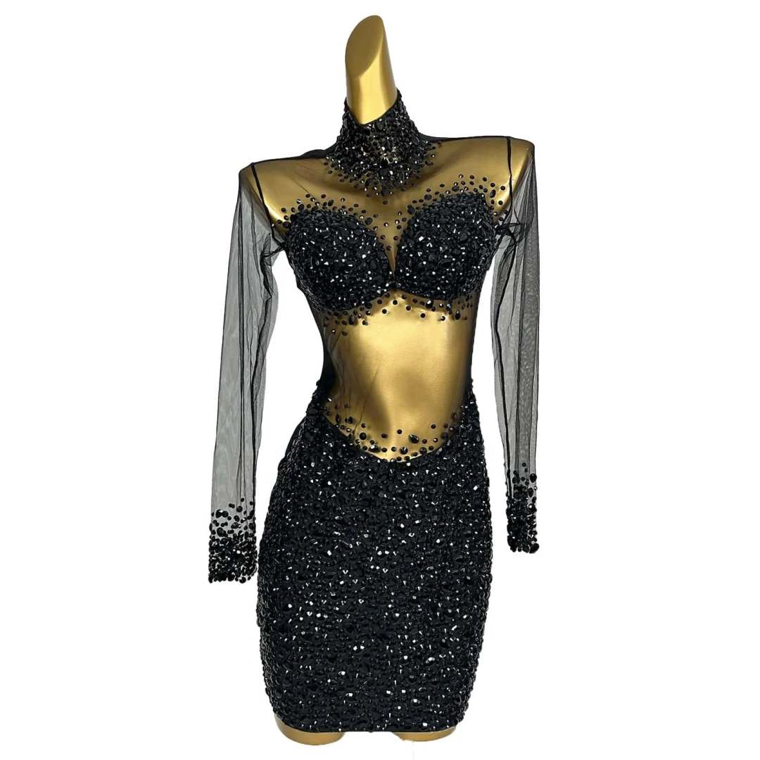 Luxurious Rhinestones Dress Women Sexy See Through Crystal Party Even