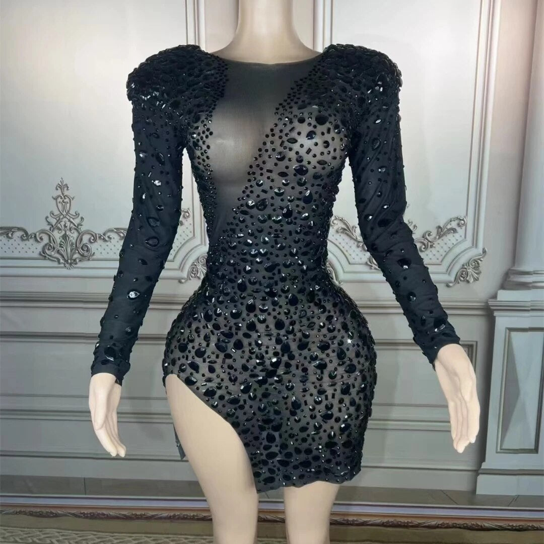 New Fashion Sparkly Black Rhinestones Transparent Dress Prom Evening