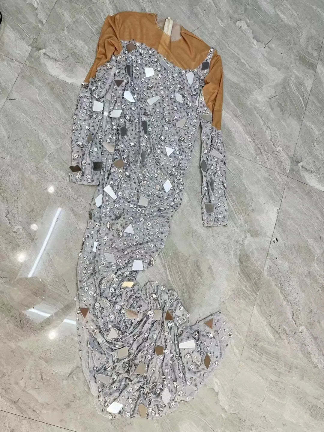 Sexy Transparent Silver Rhinestones Mirrors Dress Stretch Outfit Nigh