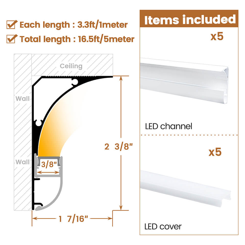 Aluminum LED Channel Crown Moulding Trim with Spotless Diffuser U131