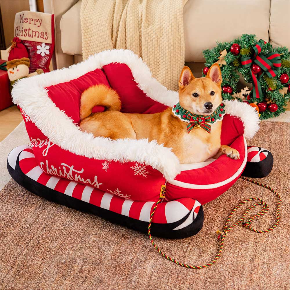 Festive Plush Cosy Dog Bed Christmas Sleigh