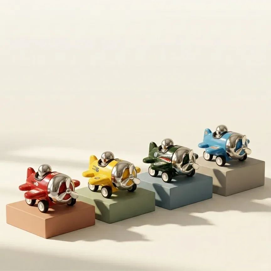 Desk Toy Airplane Retro Figurine Sculpture Metallic Chrome Propeller ...