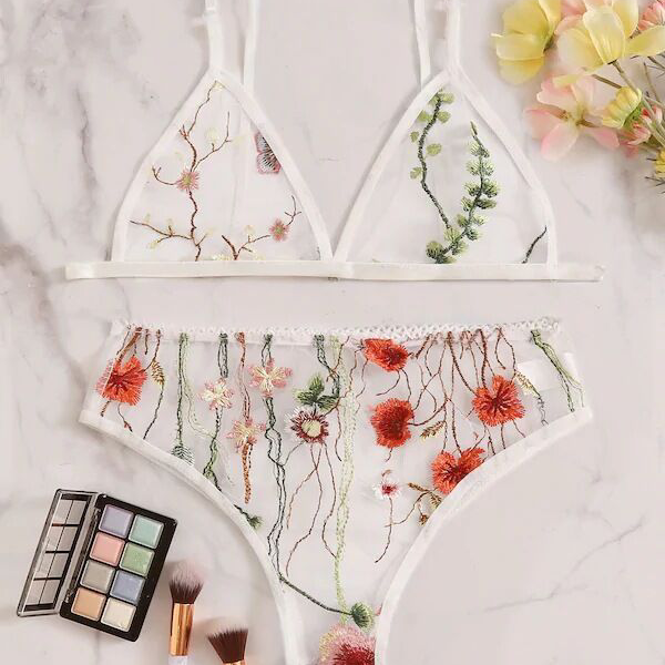 Sheer Mesh Floral Embroidery Sexy Lingerie Set Olona