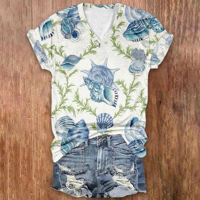 Vivid Painting Conch And Shell Art Print V-neck T-shirt