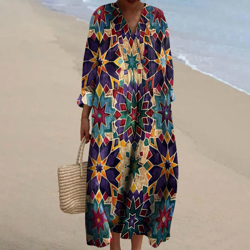 Women's Retro Colorful Octagon Pattern V-neck Long Sleeved Casual Midi ...