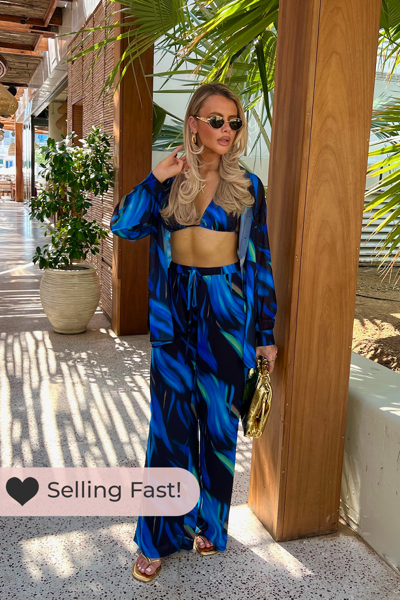 Abstract Print Chiffon Co Ord Wide Leg Trousers In The Style Uk