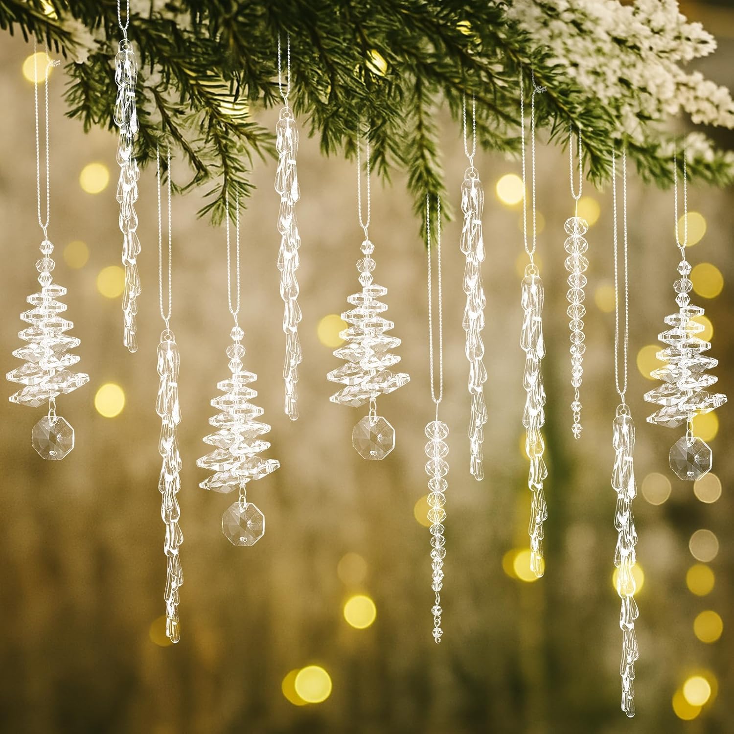 24 Pcs Crystal Icicle Christmas Tree Ornaments(3 Styles Christmas Icic
