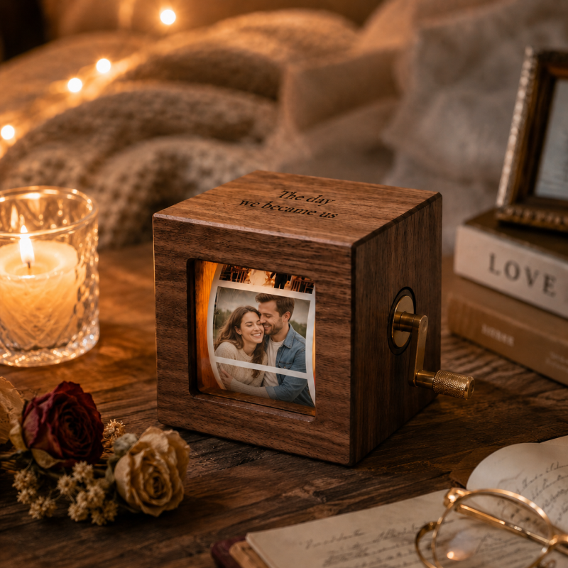 Custom Hand-Crank Wooden Photo Box | Engraved Music Box Gift